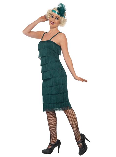 Teal Green Long Fringed Flapper Dress Womens 1920s Gatsby Costume