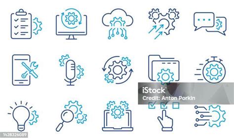기술 구성 라인 아이콘입니다 혁신 비즈니스 프로세스 개요 아이콘입니다 기어 컴퓨터 도구 음성 버블 디지털 설정 컬러 픽토그램