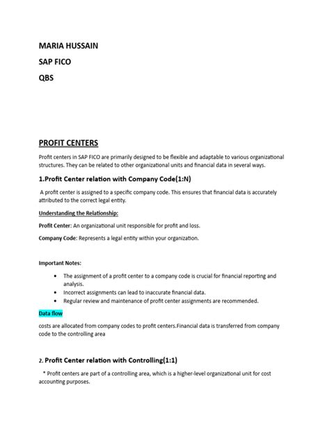 Profit Centers Segments Company Code Maria Hussain Pdf Cost