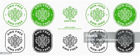제품 포장을 위한 개념 라벨링 Gmo가 없습니다 유전자와 날개를 가진 분자 또는 미생물 아이콘은 유전자 변형 미생물로부터자유의 상징입니다 벡터 집합입니다 Dna에 대한 스톡