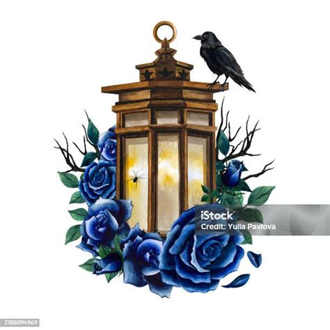 장미 나뭇가지 까마귀가 있는 고딕 양식의 등불 Halloween 또는 Day Of The Dead에 대한 수채화 그림 격리 고딕 스타일은 섬유 인쇄 제품 종이 엽서 및