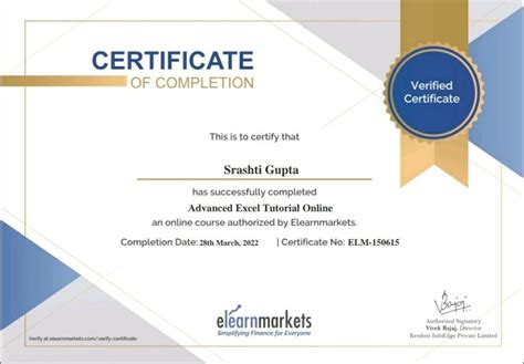 Excel Advancedexcel Elearnmarkets Certificate Certificateofcompletion Srashti Gupta