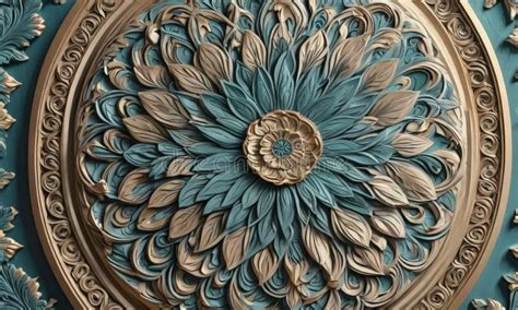 Close Up View Circular Ornate Wall Decoration With Blue And Gold