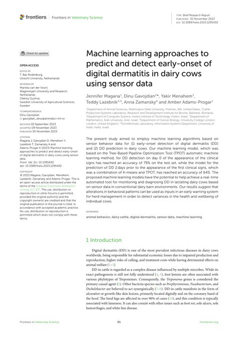 Pdf Machine Learning Approaches To Predict And Detect Early Onset Of Digital Dermatitis In