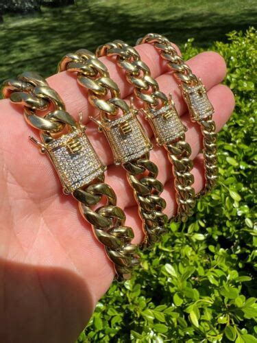 Miami Cuban Chain Necklace Bracelet 14k Gold Plated Stainless