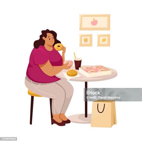 뚱뚱한 여자 성격 와 전신 와 비만 먹는 것 도넛 벡터 일러스트 가득 찬에 대한 스톡 벡터 아트 및 기타 이미지 가득 찬 복부 여자 Istock