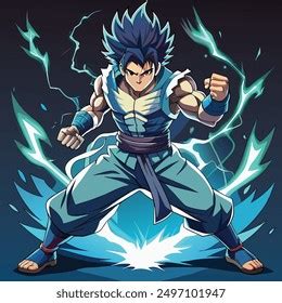 Powerful Anime Fighter Charging Energy Electrifying Stock Vector