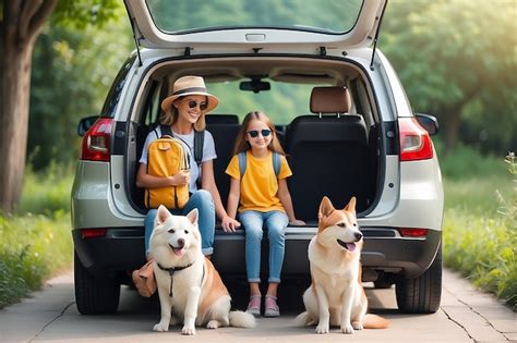 La Familia Va De Vacaciones Madre Padre Hijo Gato Y Perro Viajan Juntos Foto Premium