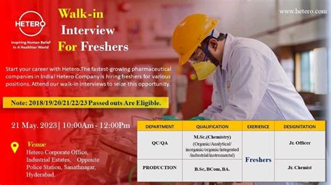 hetero labs walk in interview for freshers in qc and qa on 21st may 2023