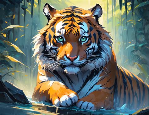 밝은 녹색 눈을 가진 정글의 호랑이 그림 Seaart Ai