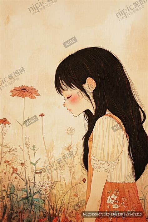 ai创作图少女与花插画 文艺小女孩插画 花语手绘回眸少女 文艺梦境小女孩手绘 午后的小女孩插画 唯美意境少女插画 花丛女孩插画 唯美女孩插画