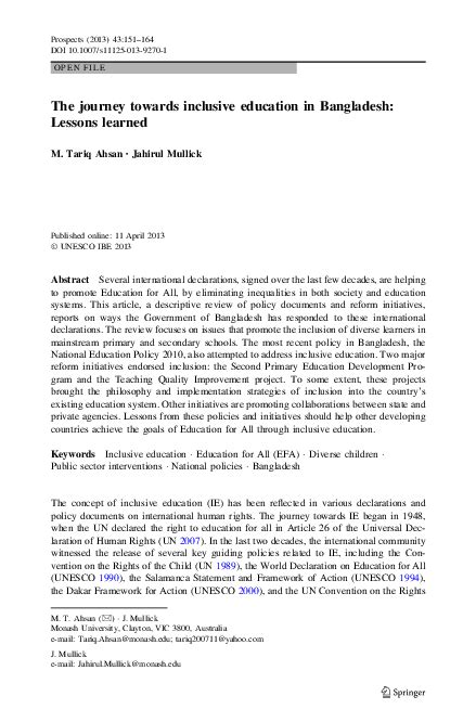 pdf the journey towards inclusive education in bangladesh lessons
