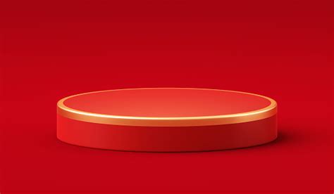 레드 골드 라운드 연단 무대 플랫폼은 빈 황금 쇼 받침대 프레젠테이션 제품 디스플레이 또는 고급 현대 중국 광고 화장품 실린더 모형 배너가 있는 3d 배경 장면에 격리되어