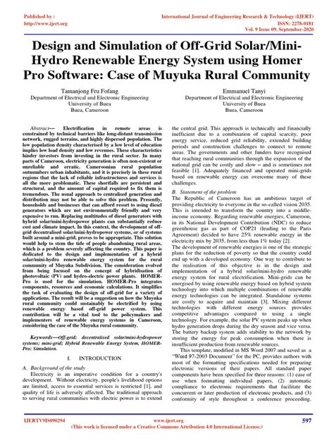 Design And Simulation Of Off Grid Solar Mini Hydro Renewable Energy System Using Homer Pro