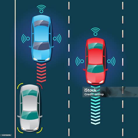 자동차 주변 도로에서 주행하는 자율 스마트 자동차 자동 무선 센서 바코드 스캐너에 대한 스톡 벡터 아트 및 기타 이미지 바코드 스캐너 헤드업 디스플레이 그래픽 사용자