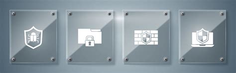 Set Laptop Protected With Shield Shield Brick Wall Folder And Lock And System Bug Square Glass
