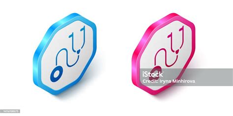 흰색 배경에 격리된 아이소메트릭 청진기 의료 기기 아이콘 육각형 버튼 벡터 3차원 형태에 대한 스톡 벡터 아트 및 기타 이미지 3차원 형태 건강 검진 건강 진단