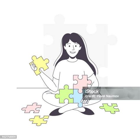 모자이크 조각을 함께 연결하는 직소 퍼즐을 조립하는 여자 벡터 일러스트 레이 션 개념에 대한 스톡 벡터 아트 및 기타 이미지 개념 기술 논리적 사고 Istock