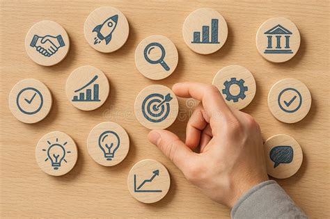 Hand Selecting Target Icon Among Multiple Round Wooden Business Icons