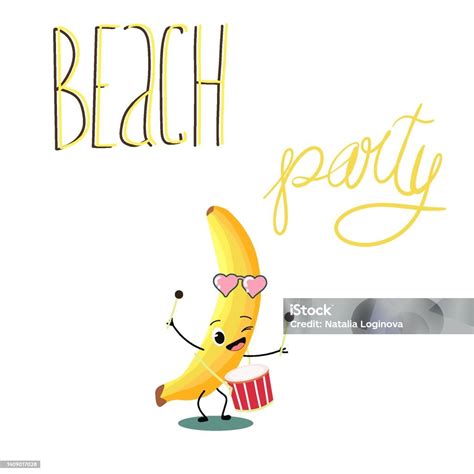 벡터 일러스트 캐릭터 선글라스에 만화 쾌활한 바나나 드럼을 재생합니다 레터링 비치 파티 여름 분위기 재미있는 과일 유기농 유치한 개념 건강한 식생활에 대한 스톡 벡터 아트