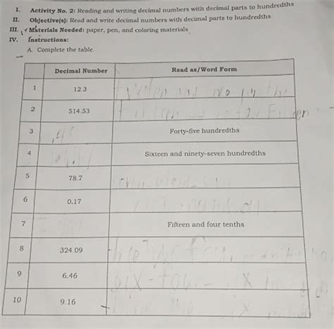 A Complete The Table Decimal Number StudyX