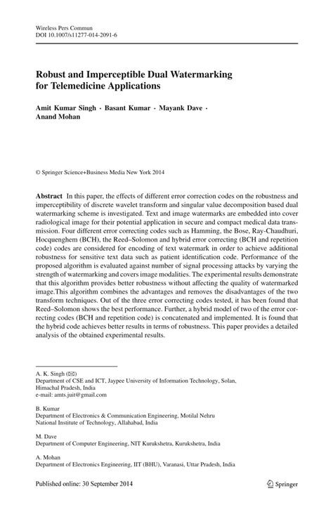 Pdf Robust And Imperceptible Dual Watermarking For Telemedicine