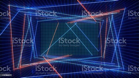 네온 빛추상 파란색과 빨간색 인테리어 형광 미래 지향적 인 건축 배경 내부 공간을 조명 네온 램프의 3d 그림 디자인 프로젝트를 위한 모형 활력에 대한 스톡 사진 및 기타