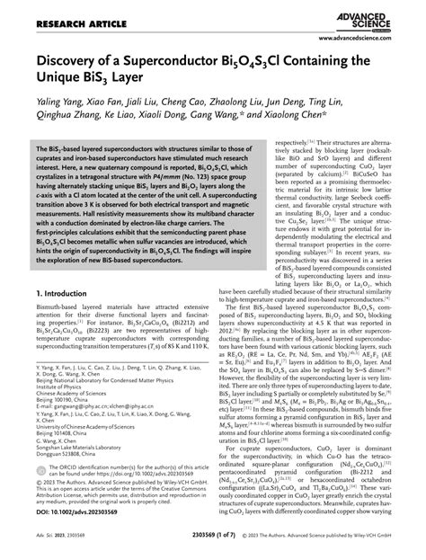 Pdf Discovery Of A Superconductor Bi 5 O 4 S 3 Cl Containing The Unique Bis 3 Layer