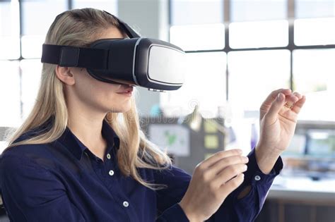 Woman Using Vr Headset In Modern Office Interacting With Virtual Objects Stock Image Image Of