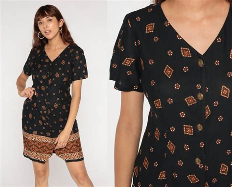 90s Mini Dress Black Geometric Print Button Up 1990s Short Etsy