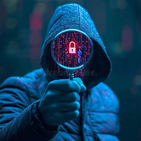 Data Breach Threat Hacker With Magnifying Glass Signifies Potential Cyber Attacks Stock Image
