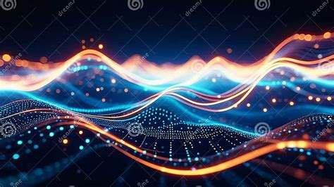Abstract Digital Waveforms With Glowing Lines And Particles In Motion