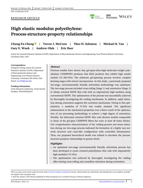 Pdf High Elastic Modulus Polyethylene Process‐structure‐property Pdf High Elastic Modulus Polyethylene Process‐structure‐property