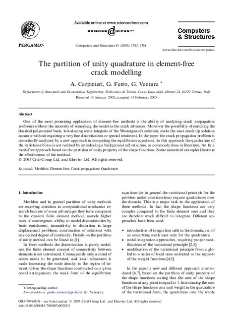 pdf the partition of unity quadrature in element free crack modelling