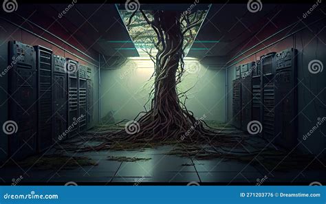 abandoned server room and dark corridor with old roots and tree