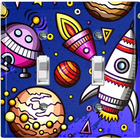 Worldacc Metal Light Switch Plate Outlet Cover Rocket Ship Space Planet Astronaut Blue Double