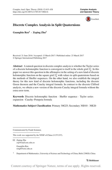 Discrete Complex Analysis In Split Quaternions Request Pdf