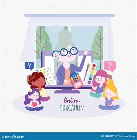 Students In Virtual Classroom Using Smart Interactive Board Virtual