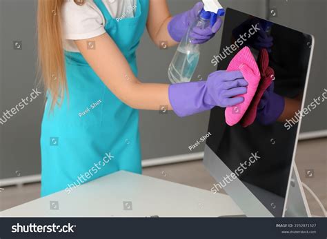 Female Janitor Cleaning Computer Screen Office Stock Photo 2252871527 Shutterstock