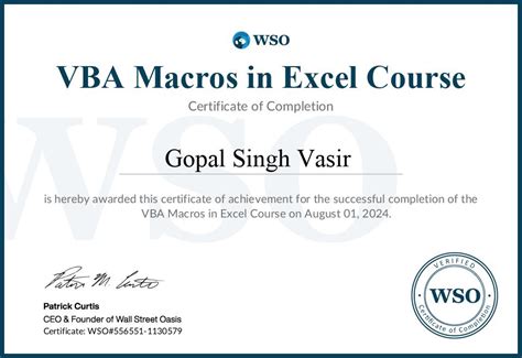 Gopal Vasir On Linkedin Certificate Of Completion Vba Macros In