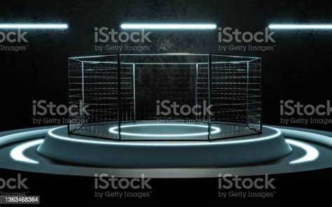 어두운 산업 콘크리트 홀 배경과 밝은 조명 3d 렌더링 그림mma 케이지 팔각형에 대한 스톡 사진 및 기타 이미지 팔각형