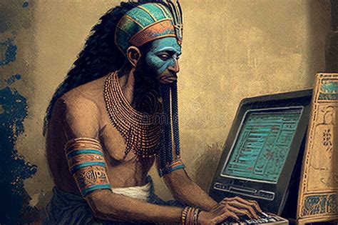 Ancient Egyptian Programmer Prehistoric Programming Pharaoh Working On Stone Computer