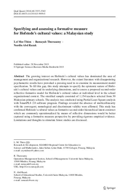 Pdf Specifying And Assessing A Formative Measure For Hofstedes
