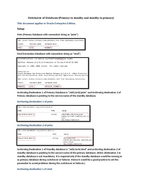 Switchover Of Databases Primary To Standby And Standby To Primary Pdf Databases