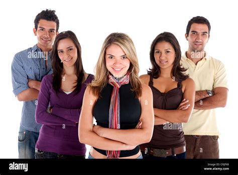 Five Smiling Young People Posing In V Formation With Their Arms Crossed
