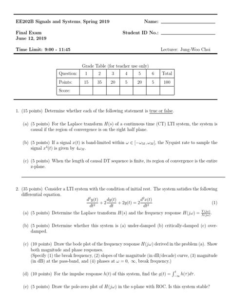 Sigsys 2019 Spring Final Pdf Telecommunications Engineering