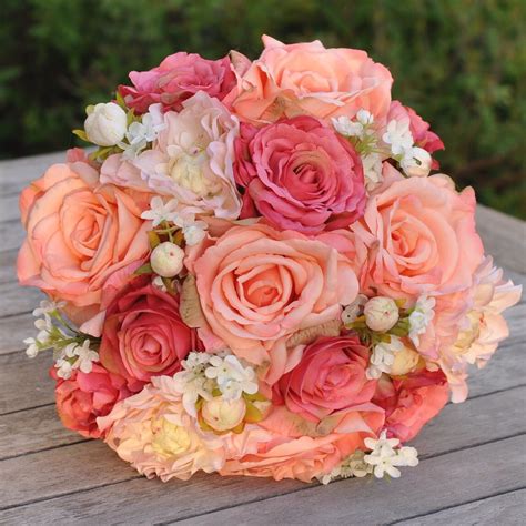 Coral And Pink Rose Silk Flower Bouquet By Hollys Flower Shoppe On