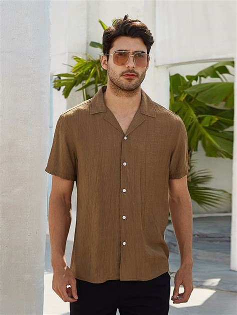Men Textured Button Front Shirt Camisa Casual Masculina Camiseta Top