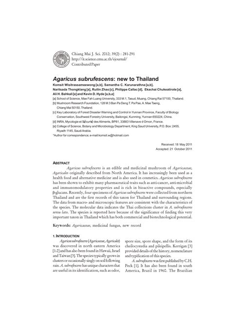 Pdf Agaricus Subrufescens New To Thailand