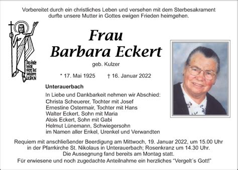 Traueranzeigen Von Barbara Eckert Mittelbayerische Trauer